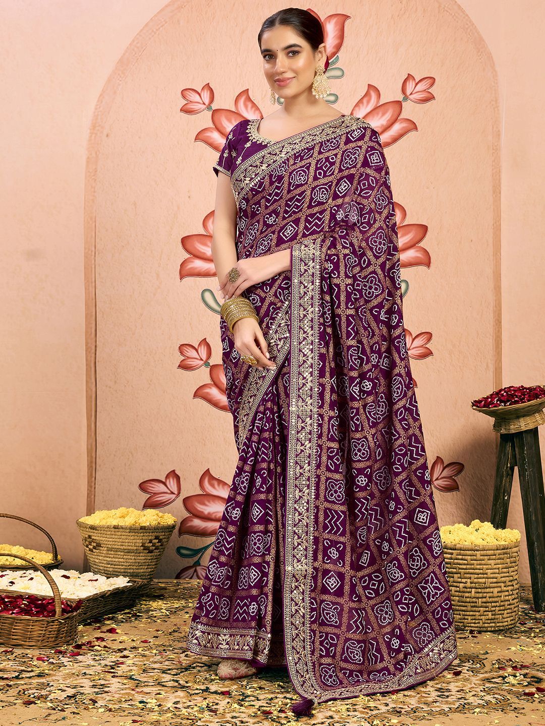 Buy Satrani Bandhani Embroidered Pure Georgette Bandhani Saree - Sarees ...