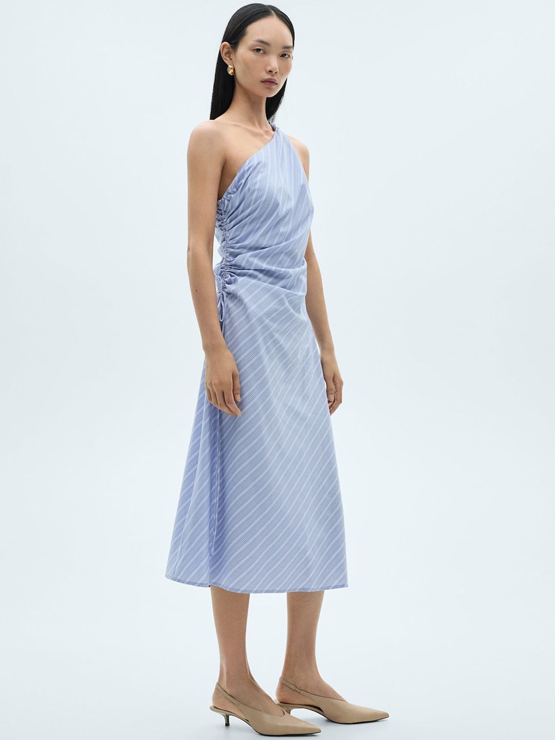 Buy MANGO Striped Ruched Effect One Shoulder Midi A Line Dress ...