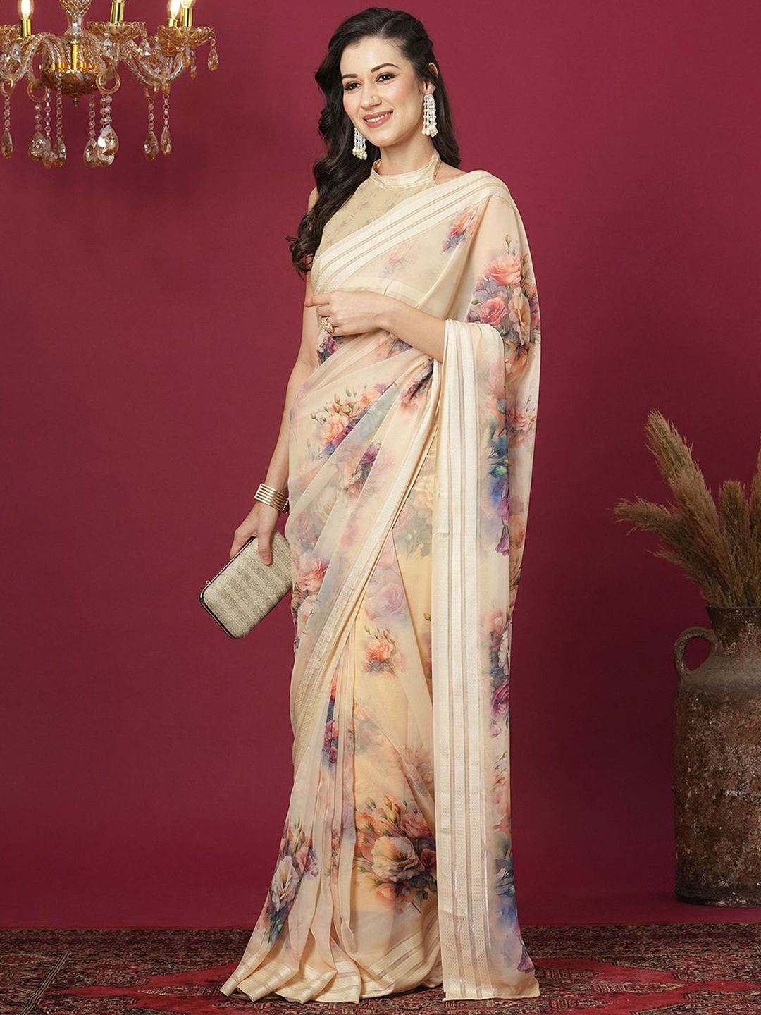 Buy Mitera Floral Printed Pure Georgette Saree - Sarees for Women ...