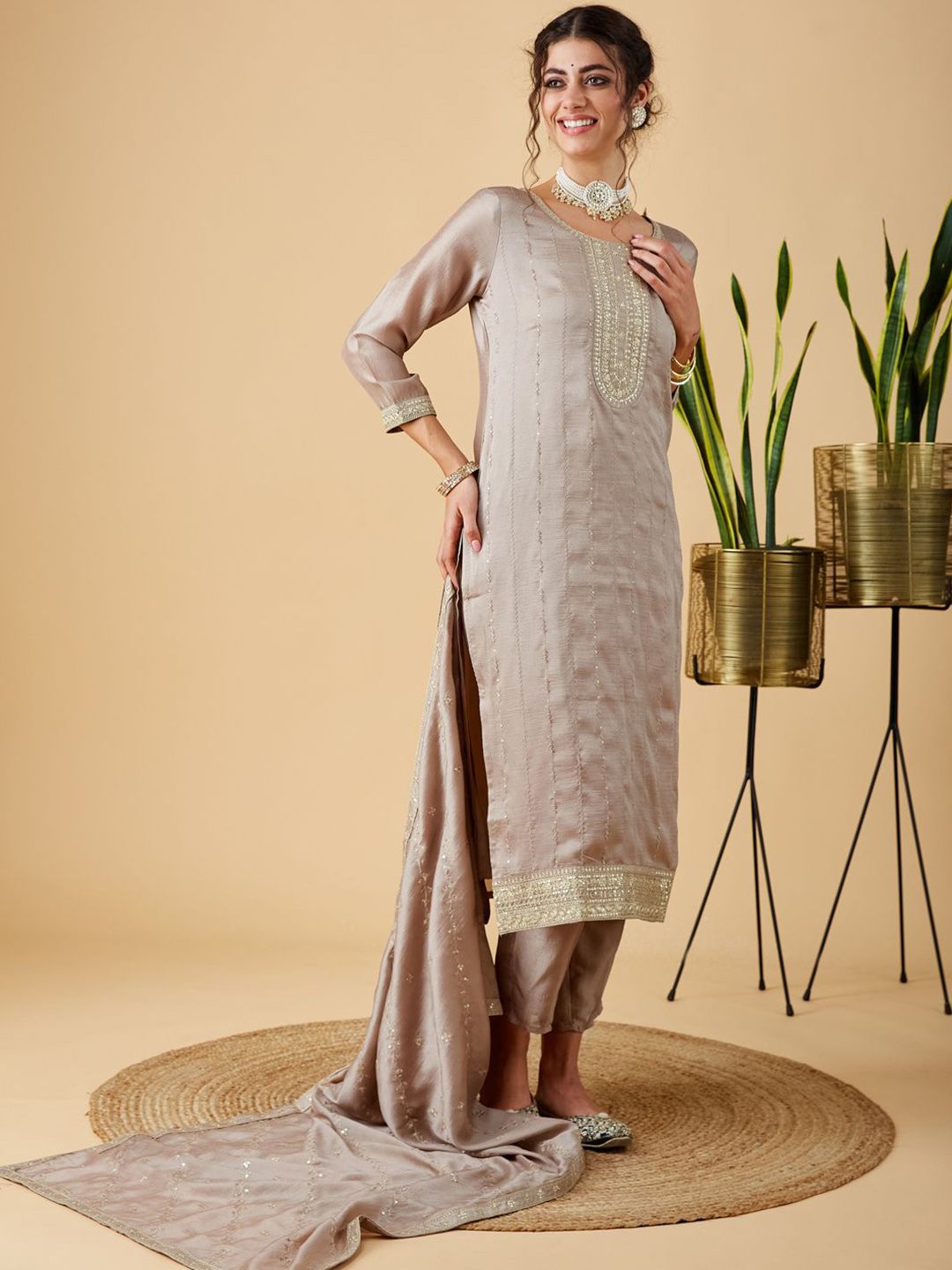 Buy MOKOSH Floral Embroidered Straight Kurta With Trousers And Dupatta - Kurta Sets for Women ...