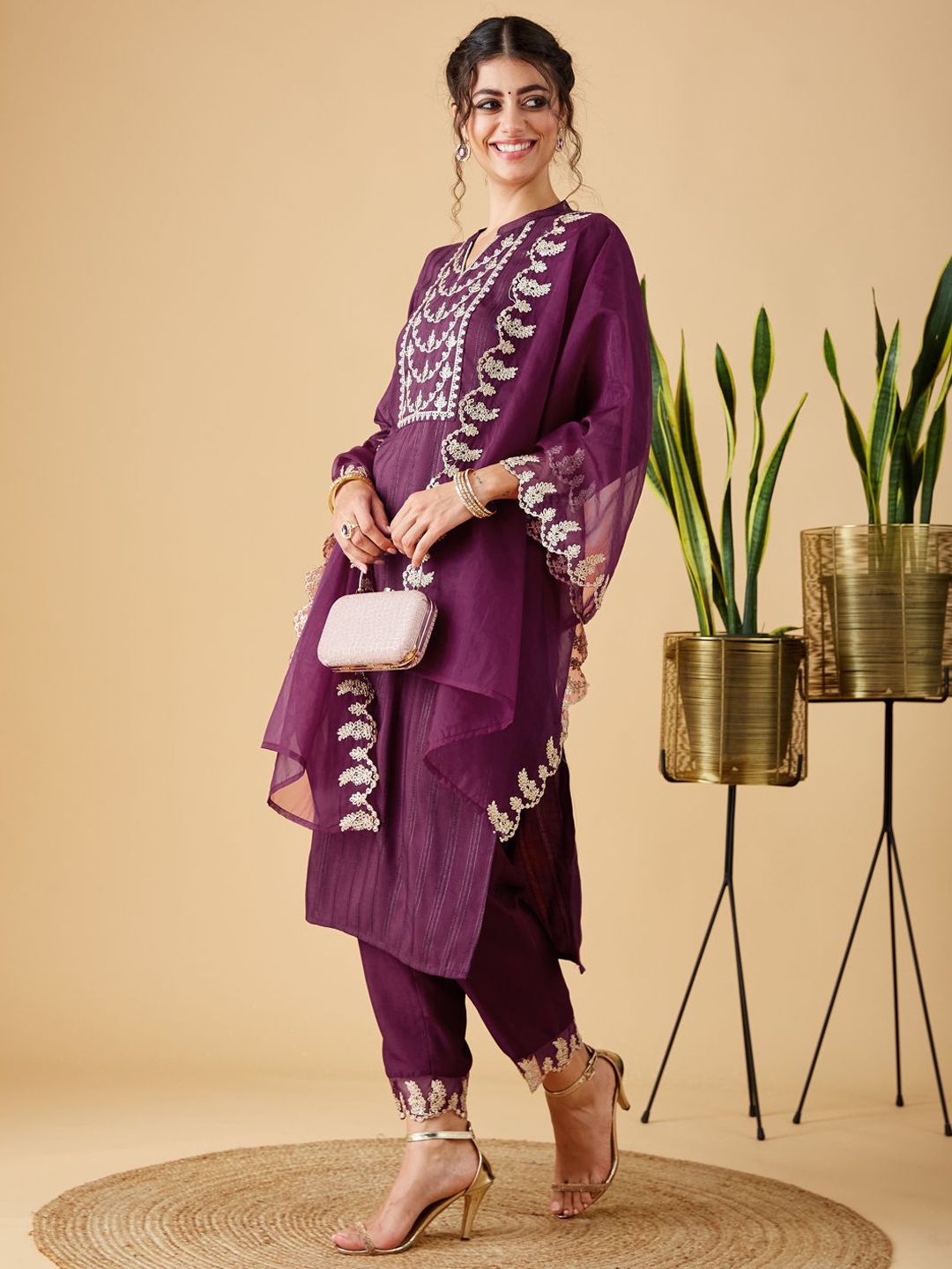 Buy MOKOSH Floral Embroidered Mandarin Collar Straight Kurta With Trousers And Dupatta - Kurta ...
