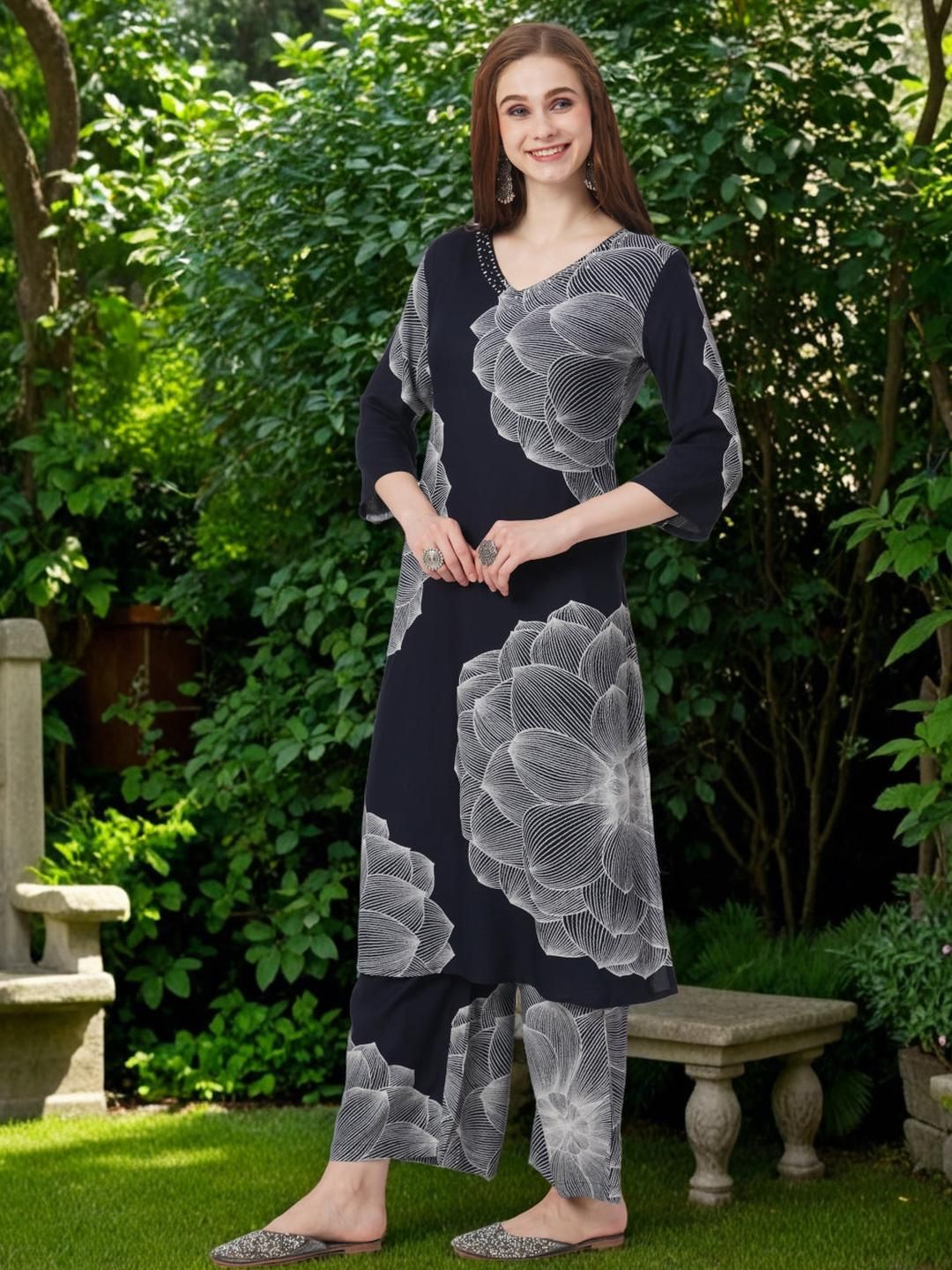 Buy KJFAB Women Blue & White Floral Printed Cotton Kurta With Palazzos ...