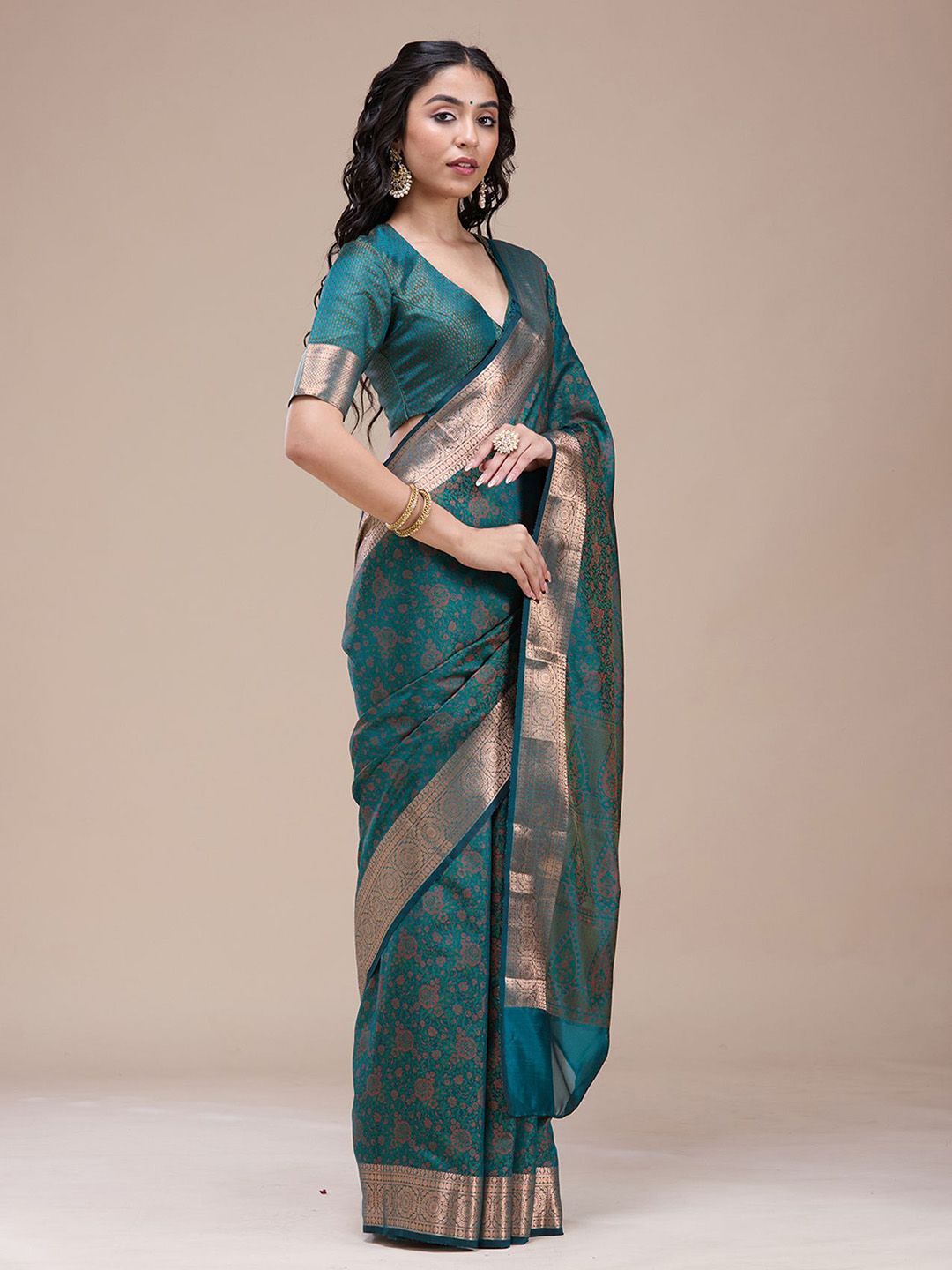 Buy Koskii Bottle Green Ethnic Motifs Woven Design Zari Work Banarasi ...