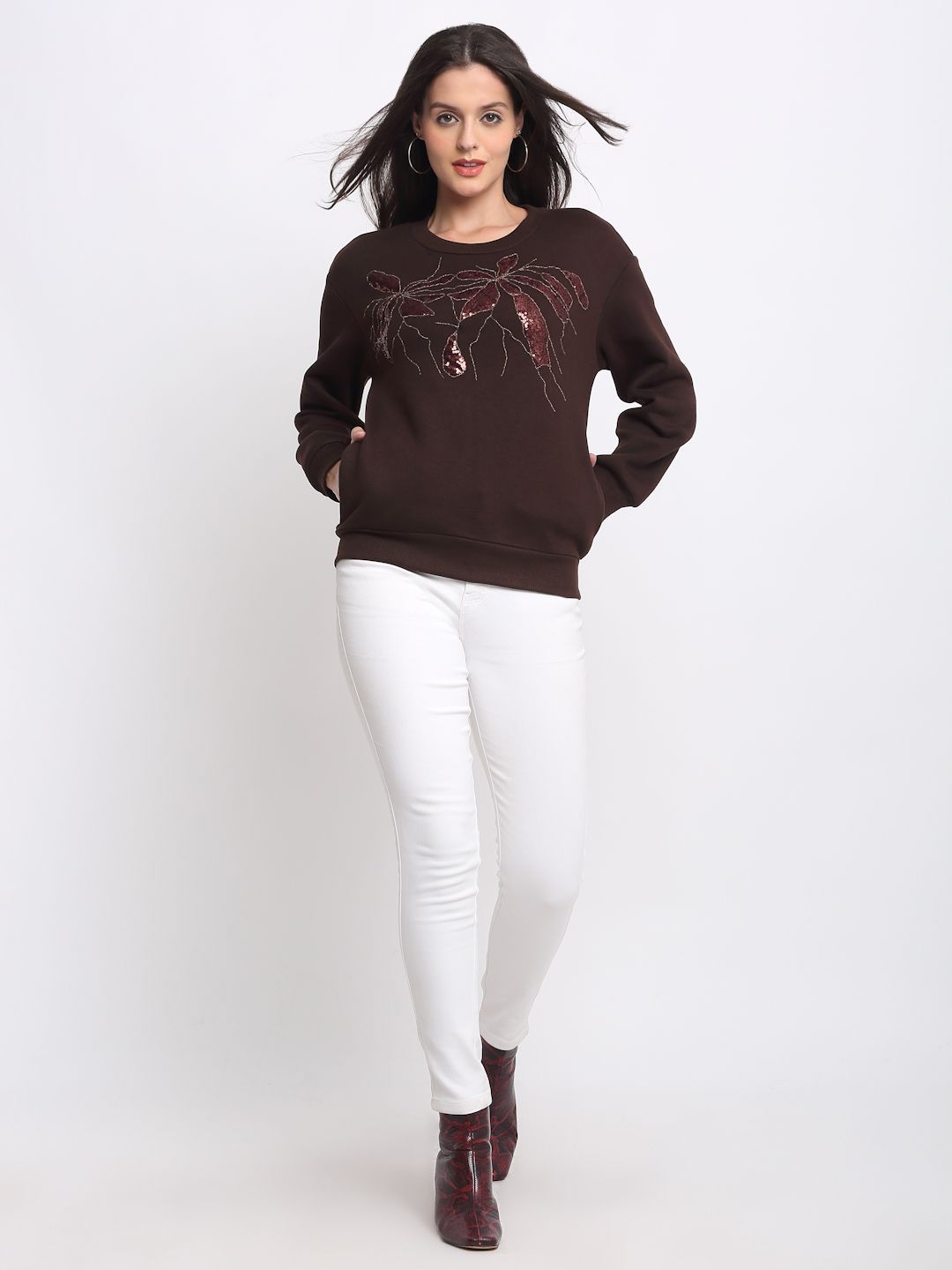 Buy SHAYE Brown Round Neck Embroidered Long Sleeves Sweatshirts For ...