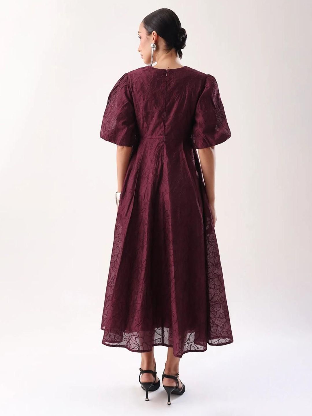 Buy RAREISM Women Floral Self Design Round Neck Fit And Flare Midi ...