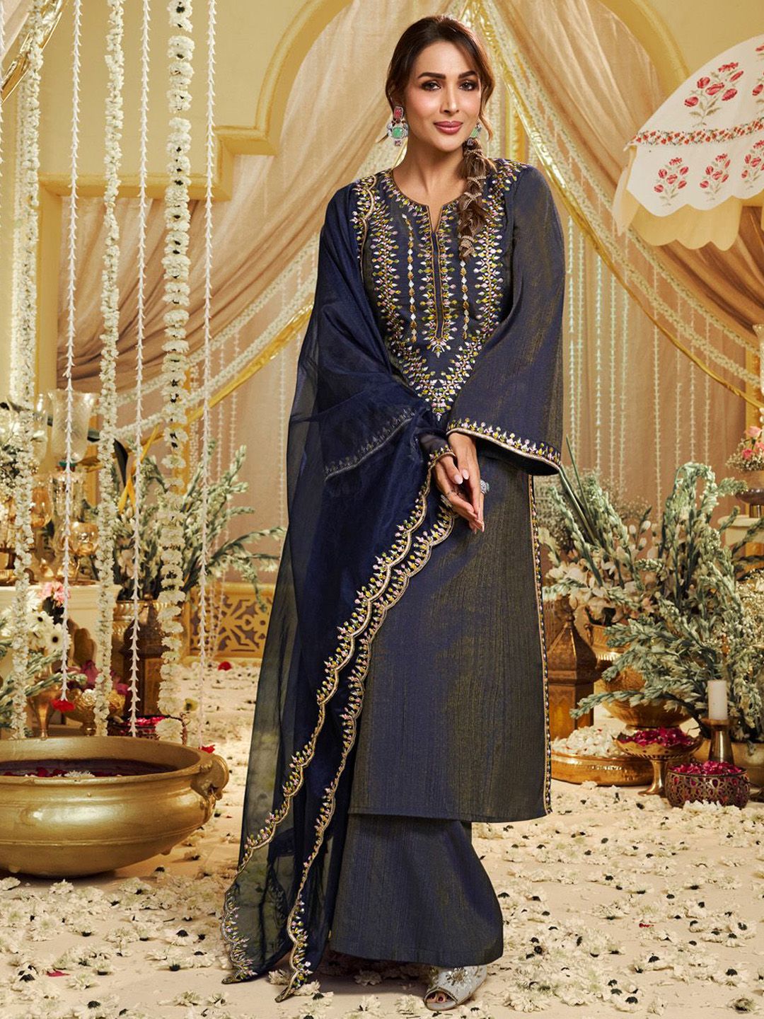 Buy Inddus Women Ethnic Motifs Yoke Design Kurta With Palazzos ...