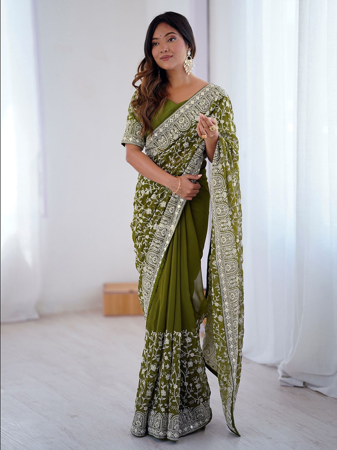 Buy Satrani Ethnic Motif Embroidered Pure Georgette Saree - Sarees for ...