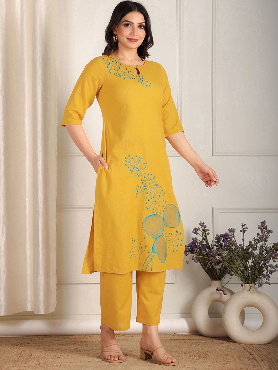 Buy Aramya Women Ethnic Motifs Embroidered Linen Kurta With Trouser ...
