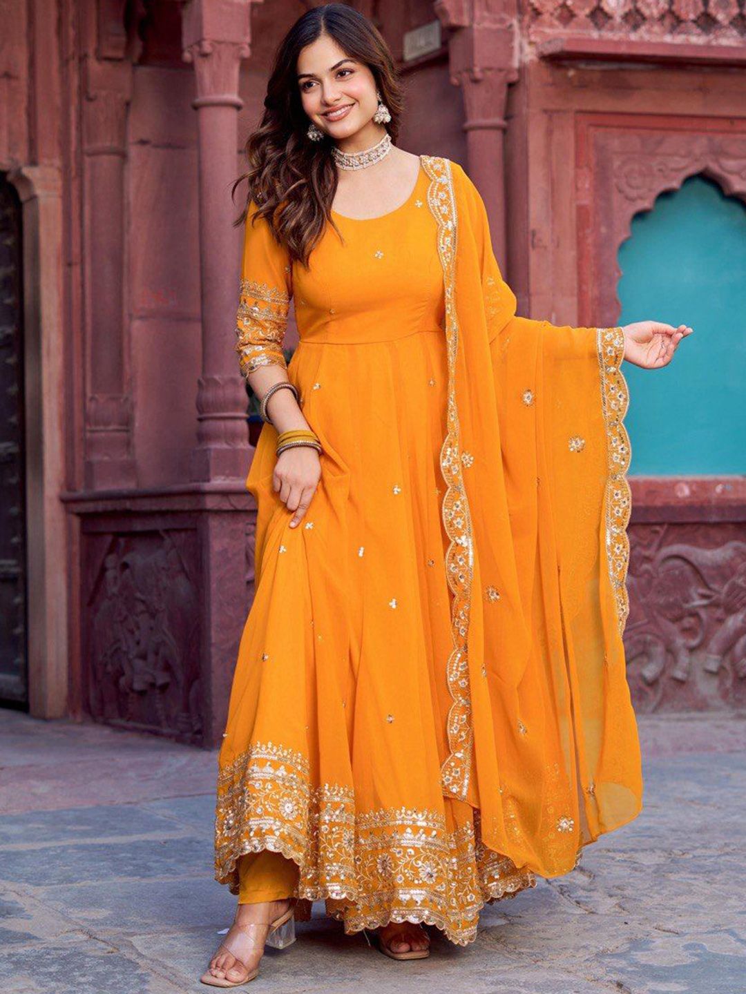 Buy CRAFTLE Floral Embroidered Round Sequinned Georgette Anarkali Kurta With Trouser & Dupatta ...