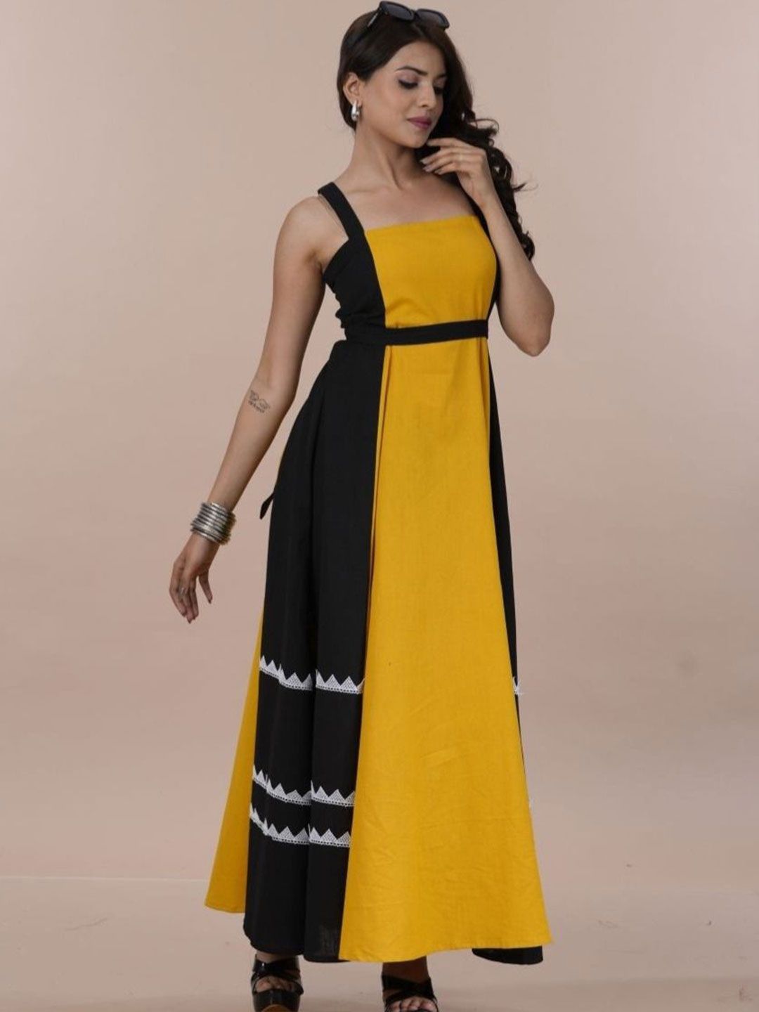 Buy JAGNA Colourblocked Cotton Fit & Flare Maxi Dress - Dresses for ...