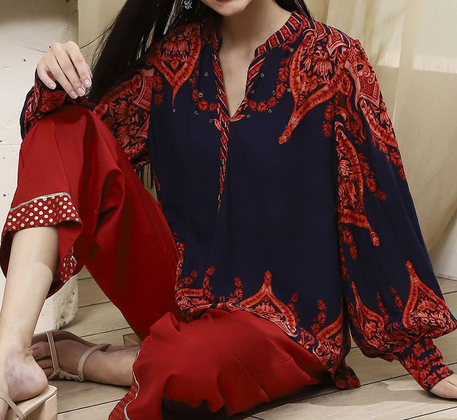 Buy Biba Women Ethnic Motifs Printed Mandarin Collar Bishop Sleeves ...