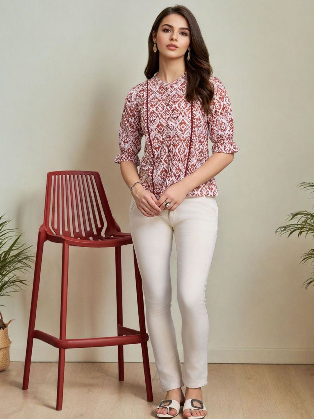 Buy SZN Women Abstract Printed Mandarin Collar Puff Sleeve A Line Top ...