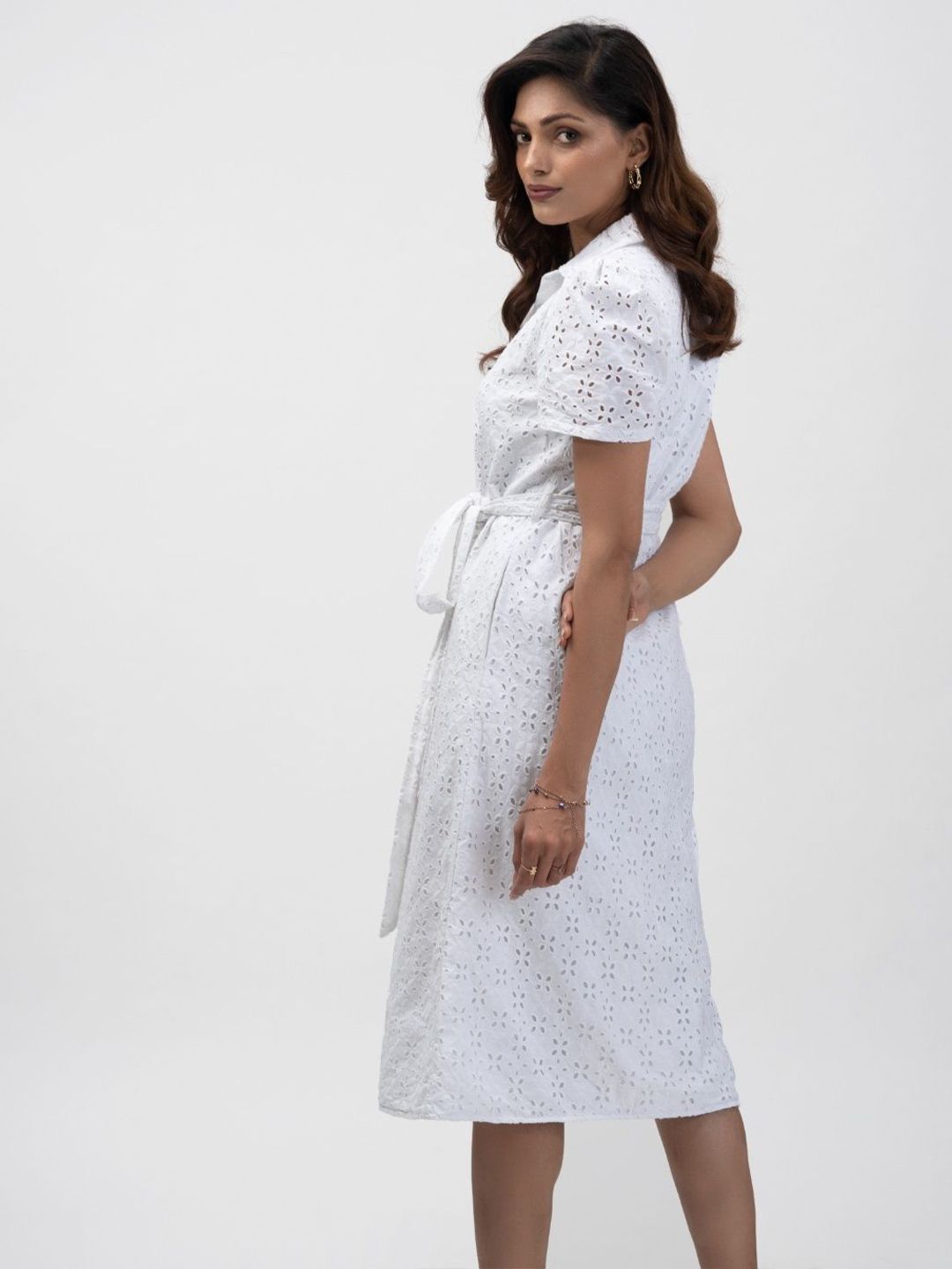 Buy Myclo Women Schiffli Embroidered Belted Cotton Shirt Midi Dress ...