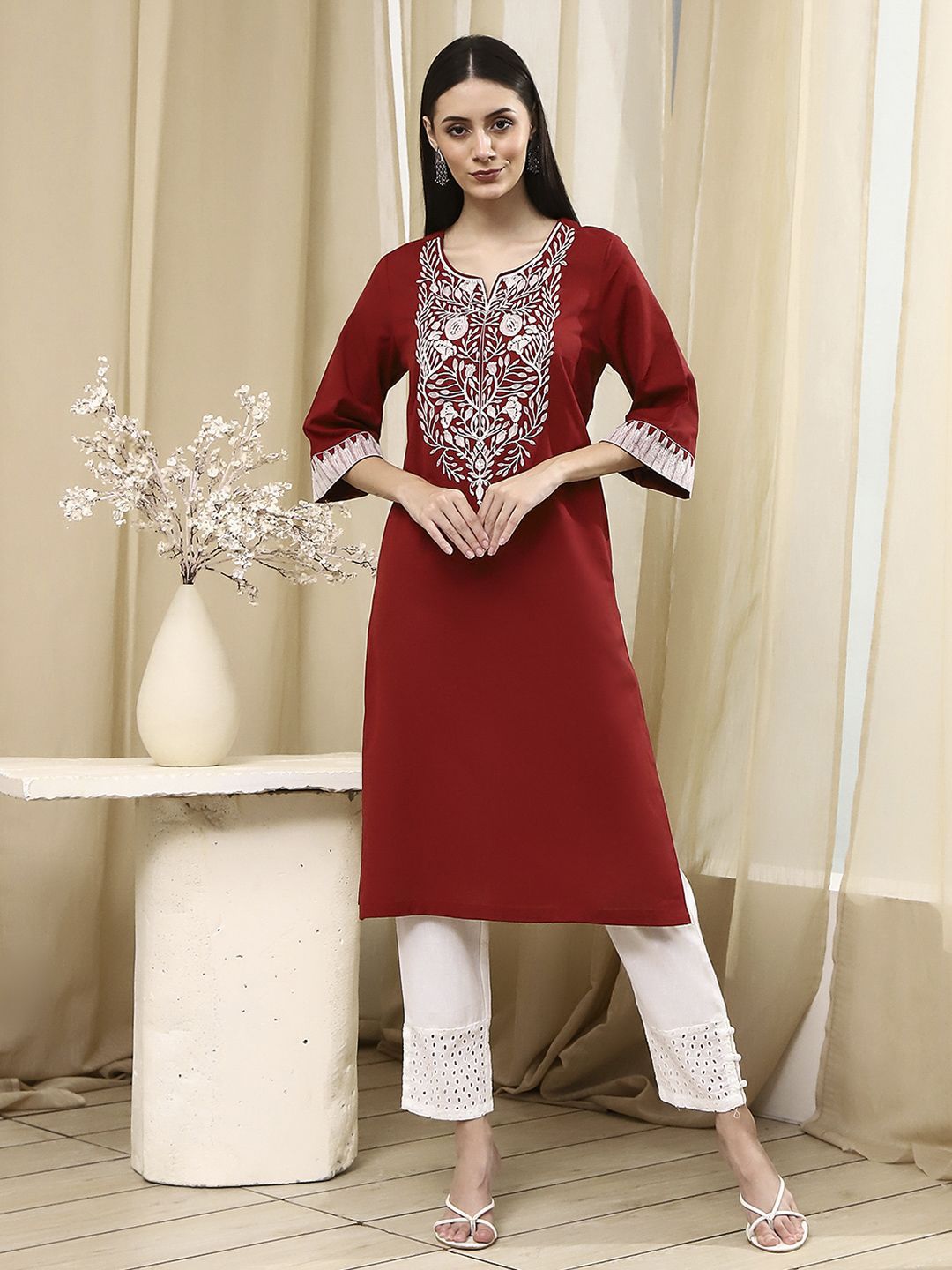 Buy Biba Floral Yoke Design Round Neck Cotton Straight Kurta - Kurtas for Women 34843573 | Myntra