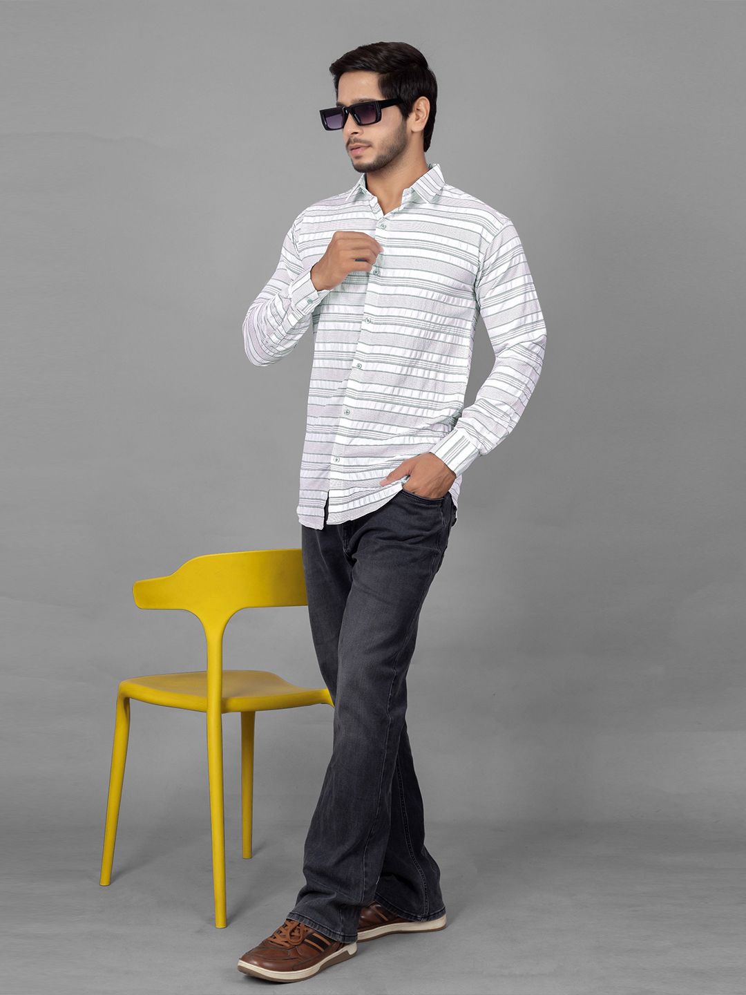 Buy WILNERCROWN Horizontal Stripes Spread Collar Cotton Formal Shirt ...