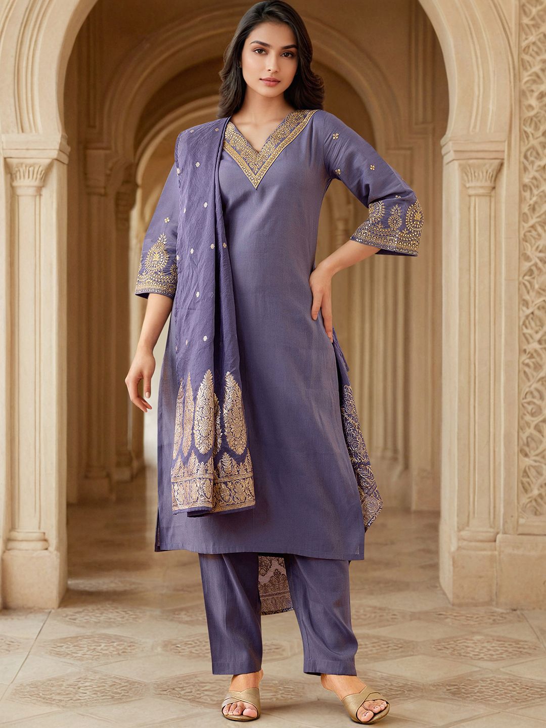 Buy SANISA Floral Yoke Design V Neck Sequinned Straight Kurta With ...