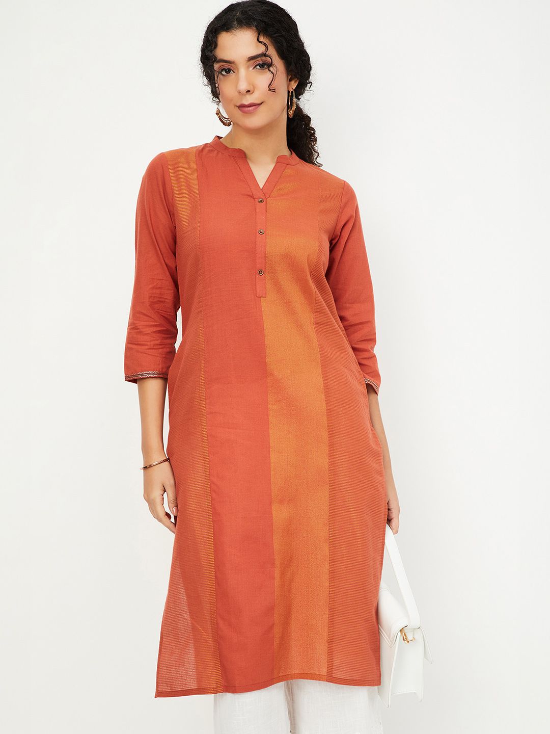 Buy Max Striped Woven Design Mandarin Collar Pure Cotton Straight Kurta ...