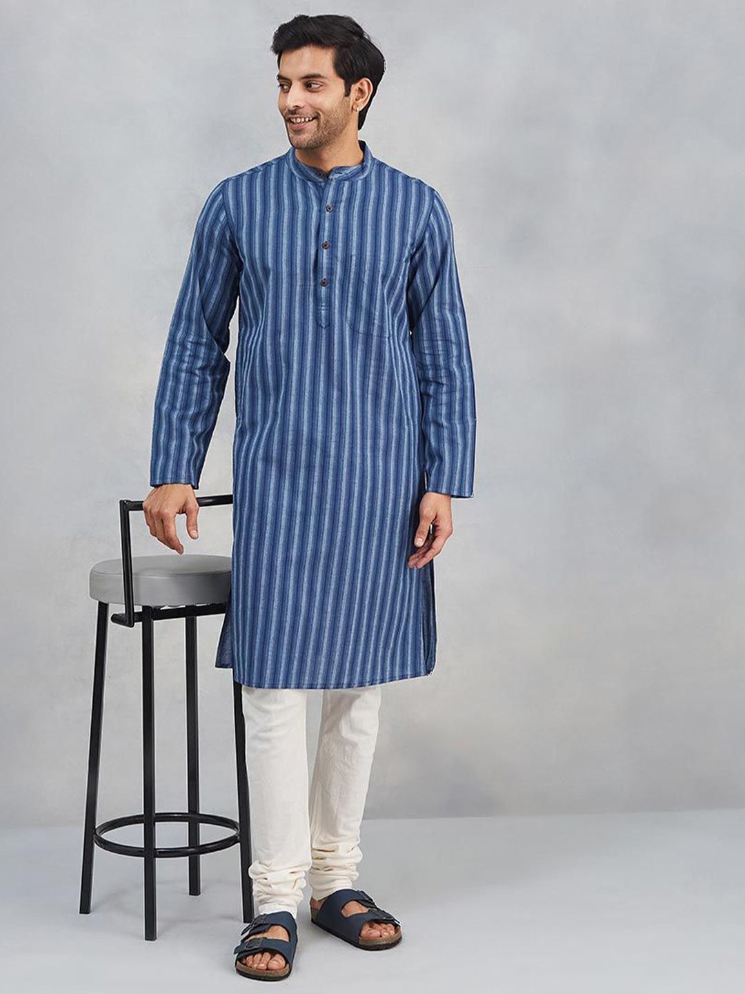 Buy Fabindia Striped Slim Fit Band Collar Cotton Straight Kurta ...