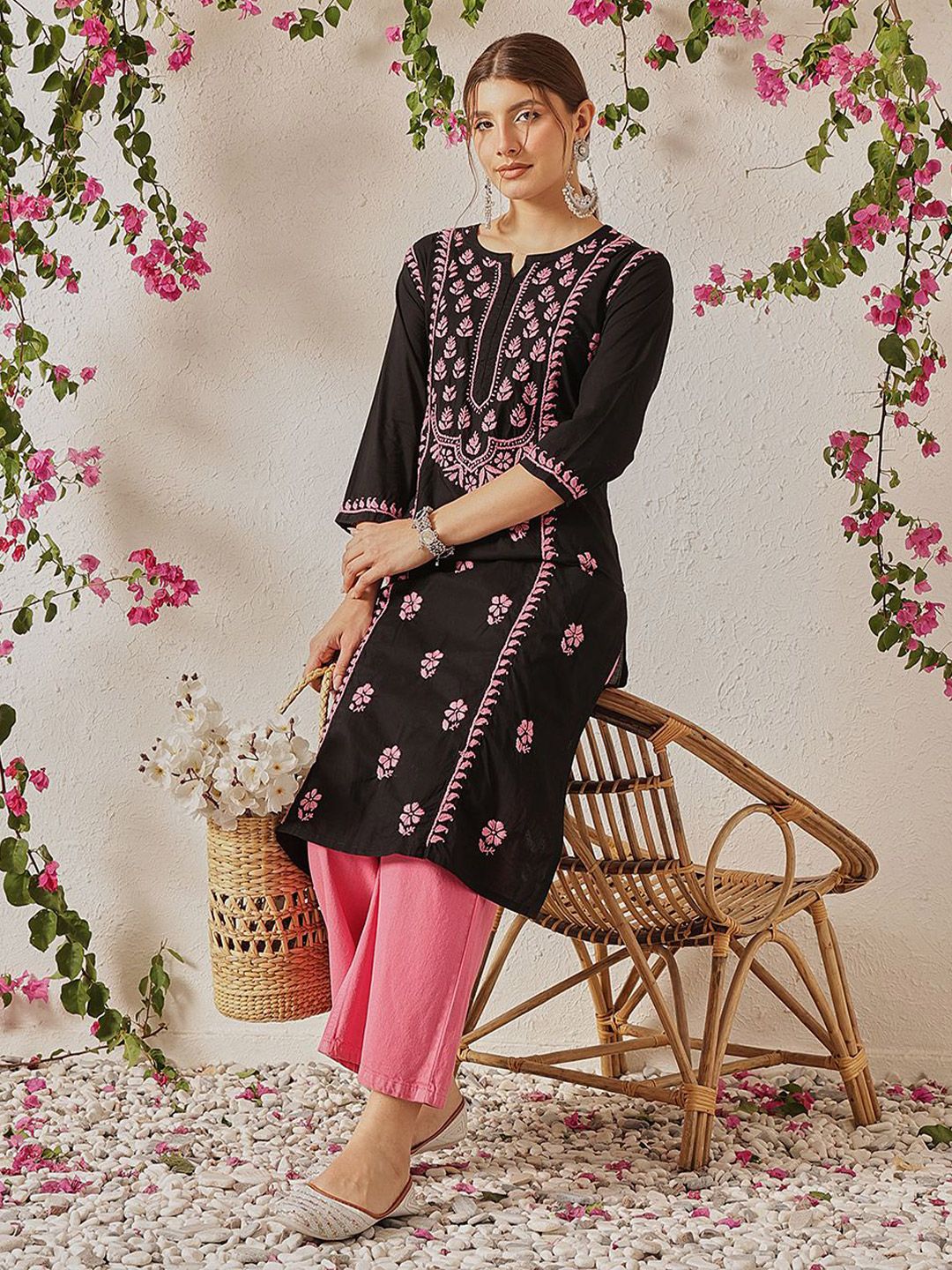 Buy ADA Women Ethnic Motifs Embroidered Chikankari Pastels Kurta ...