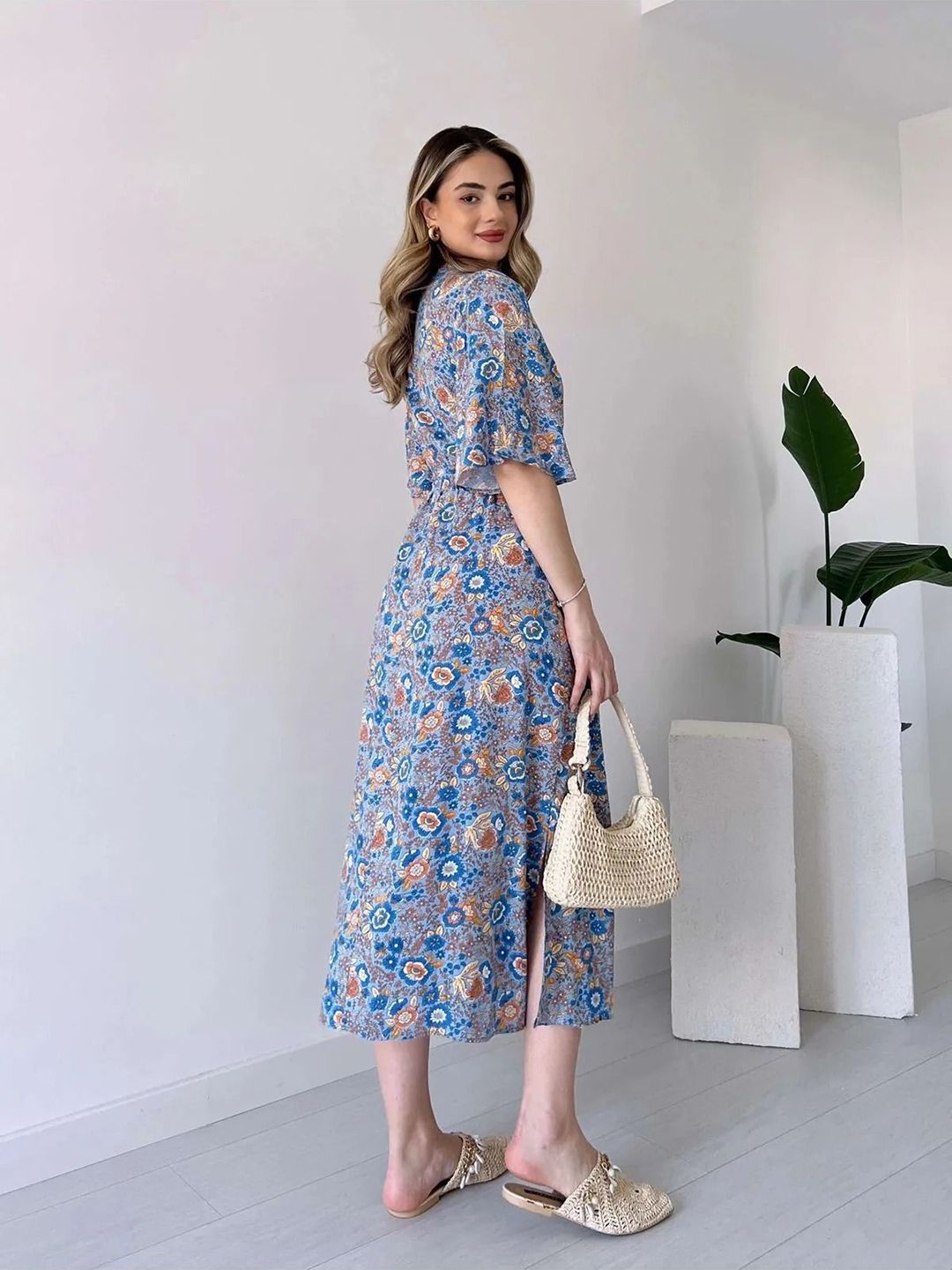 Buy MANOJAVA Women Floral Printed Belted Cotton Wrap Midi Dress ...