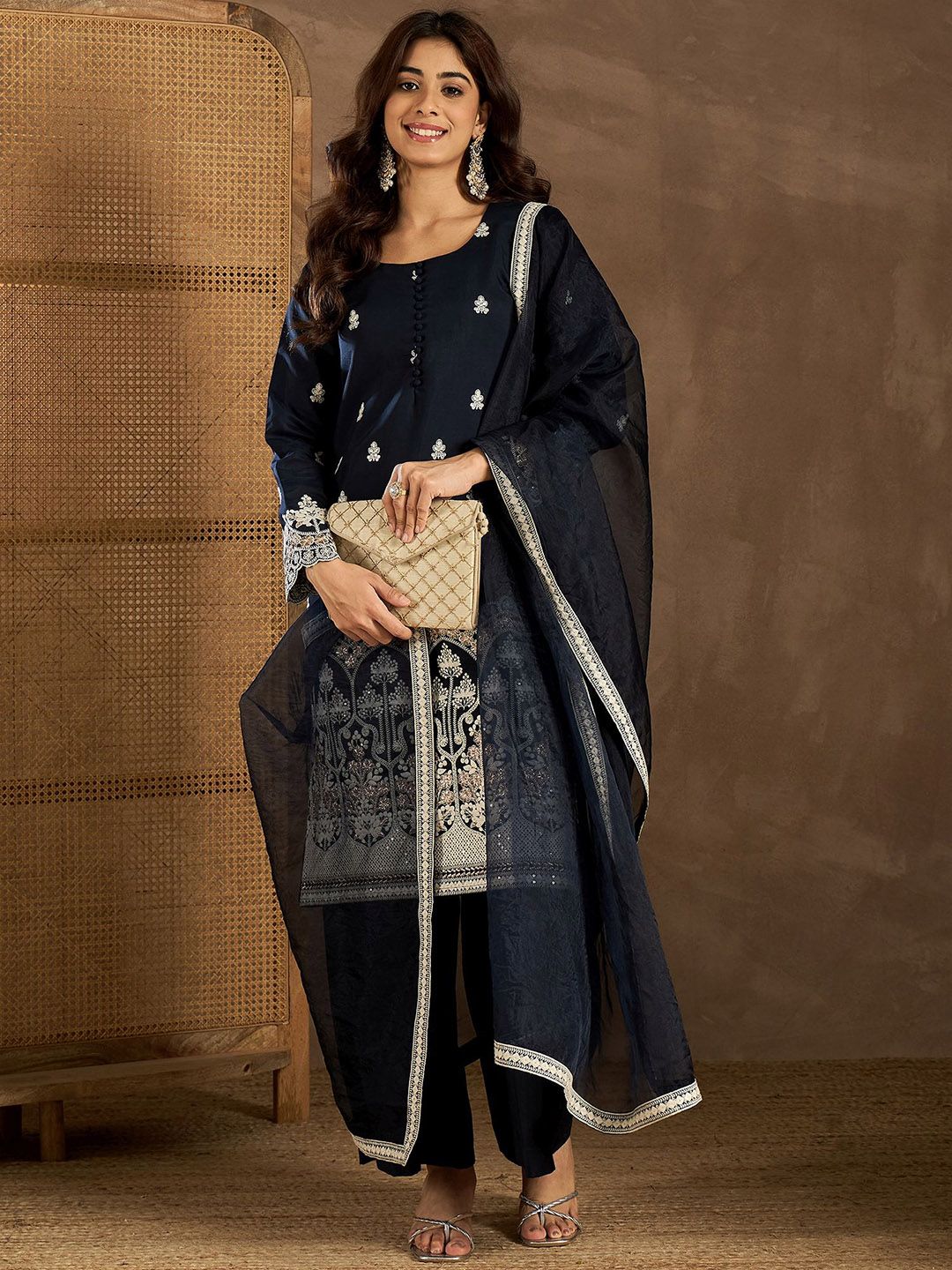 Buy Inddus Women Floral Embroidered Kurta With Palazzo & Dupatta ...