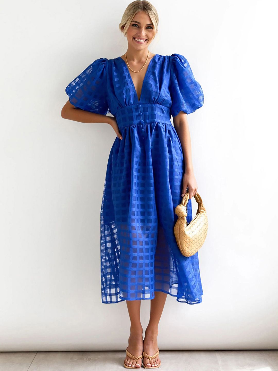 Buy Bebe Women Checked Puff Sleeves A Line Maxi Dress - Dresses for ...