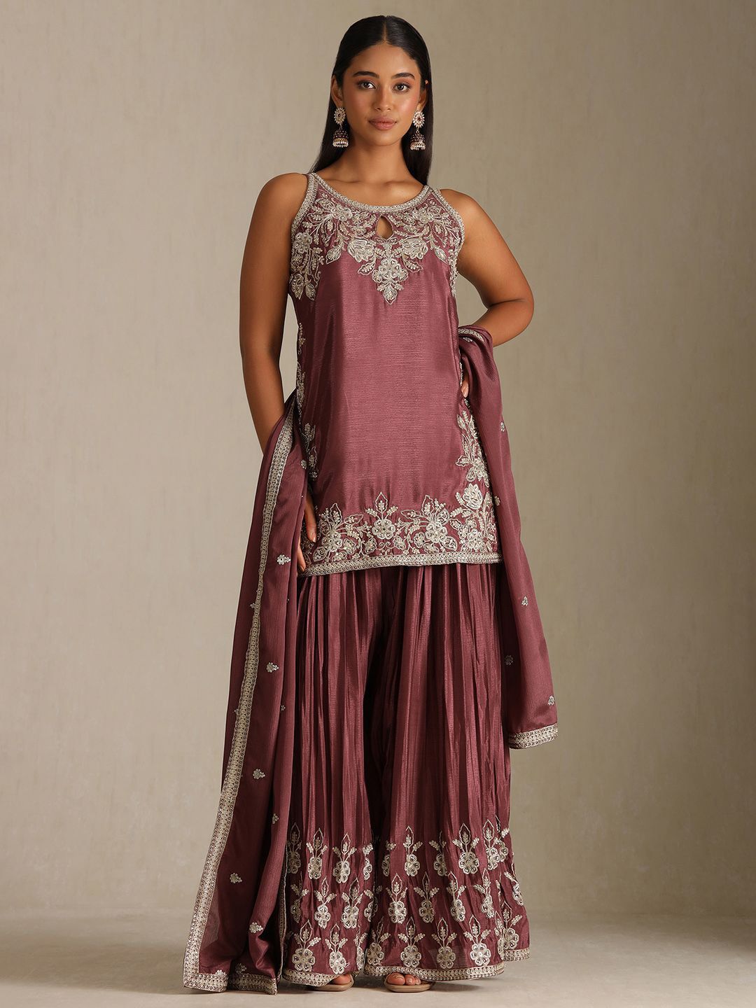 Buy Soch Floral Embroidered Chinon Shoulder Straps Straight Kurta With ...