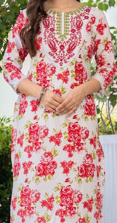 Buy KJFAB Floral Printed Round Neck Thread Work Straight Kurta - Kurtas ...