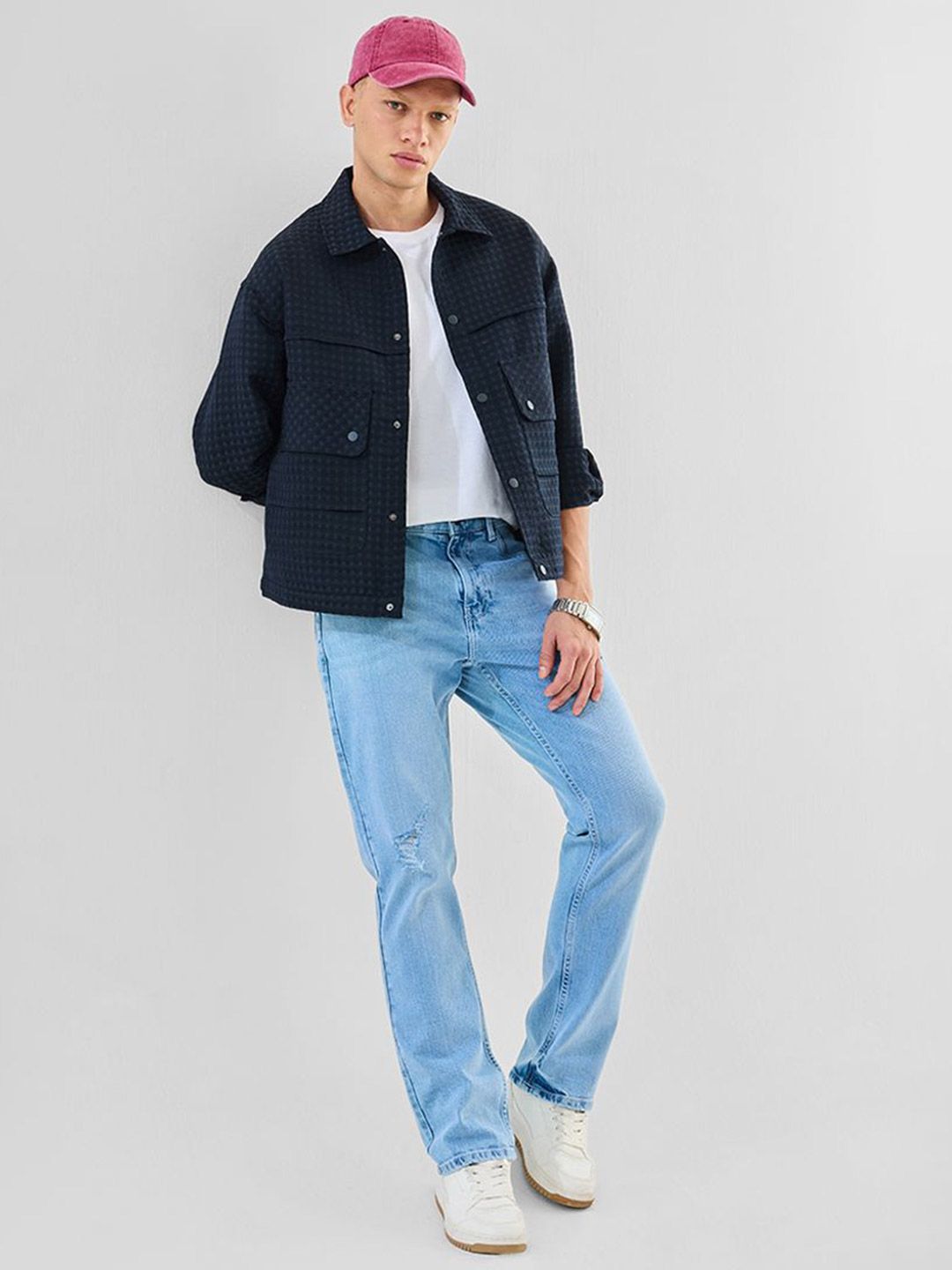 Buy Snitch Navy Blue Men Lightweight Textured Tailored Jacket - Jackets ...