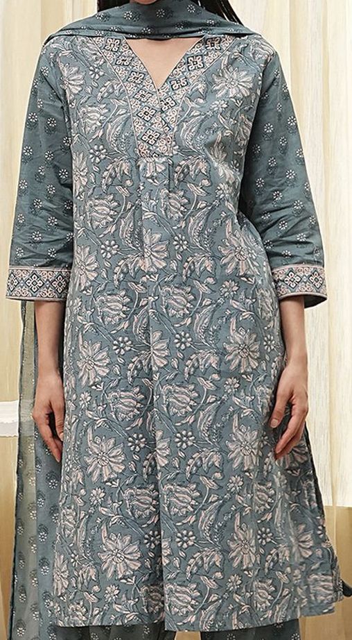 Buy Biba Floral Printed V Neck Pure Cotton Straight Kurta With Palazzos & Dupatta - Kurta Sets ...