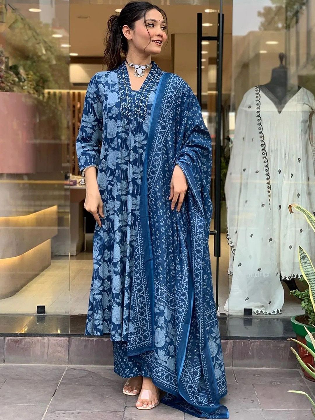 Buy PARTHVI Women Printed Regular Thread Work Pure Cotton Kurta With ...