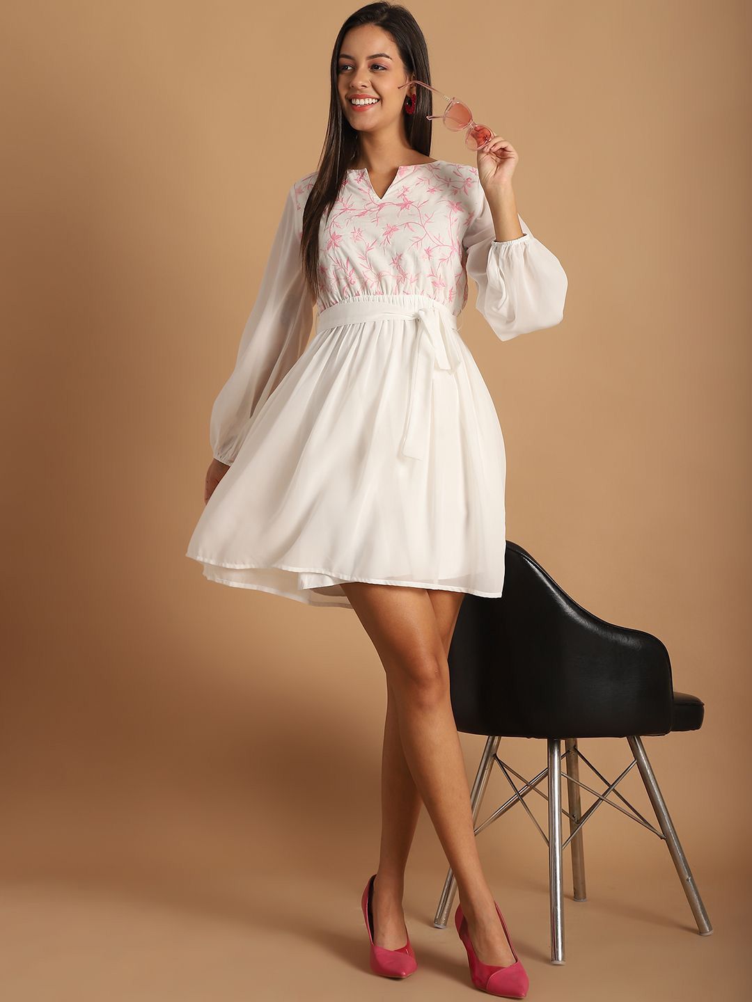 Buy JAKANARY Floral Embroidered Flared Sleeve Georgette Fit & Flare ...