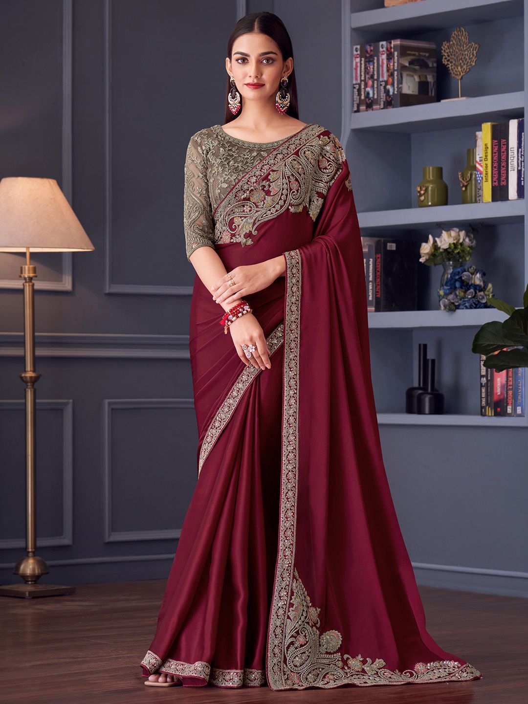 Buy Mitera Embellished Embroidered Satin Designer Saree - Sarees for ...