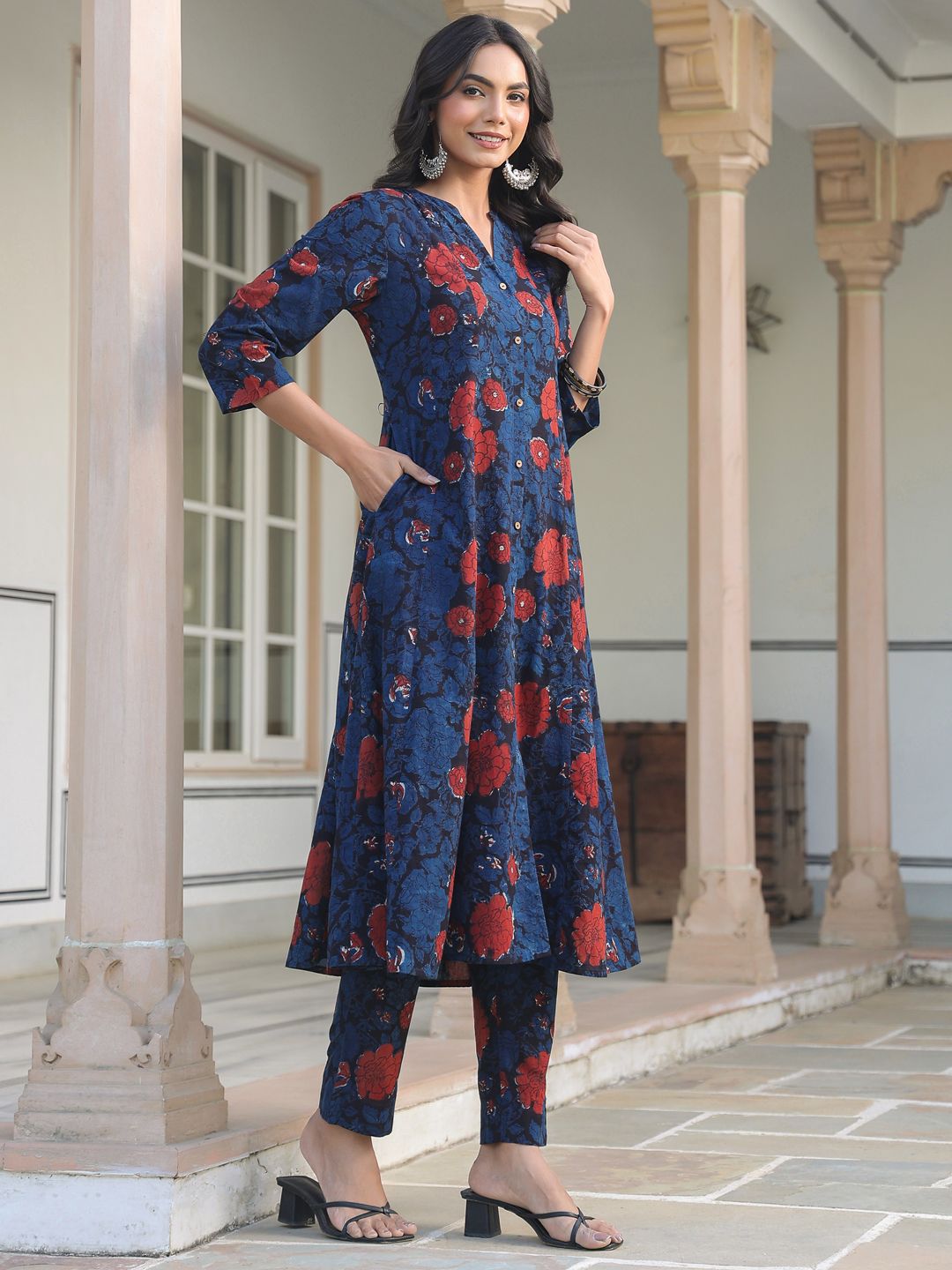 Buy Janasya Women Navy Blue Pure Cotton Floral Printed A Line Kurta ...