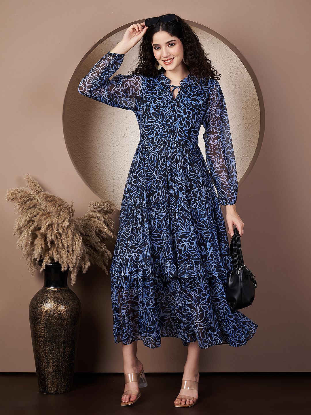 Buy Fbella Floral Print Keyhole Neck Chiffon Maxi Dress - Dresses for ...