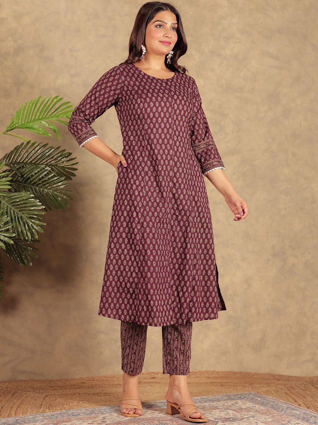 Buy Aramya Ethnic Motifs Printed Pure Cotton A Line Kurta With Trousers ...