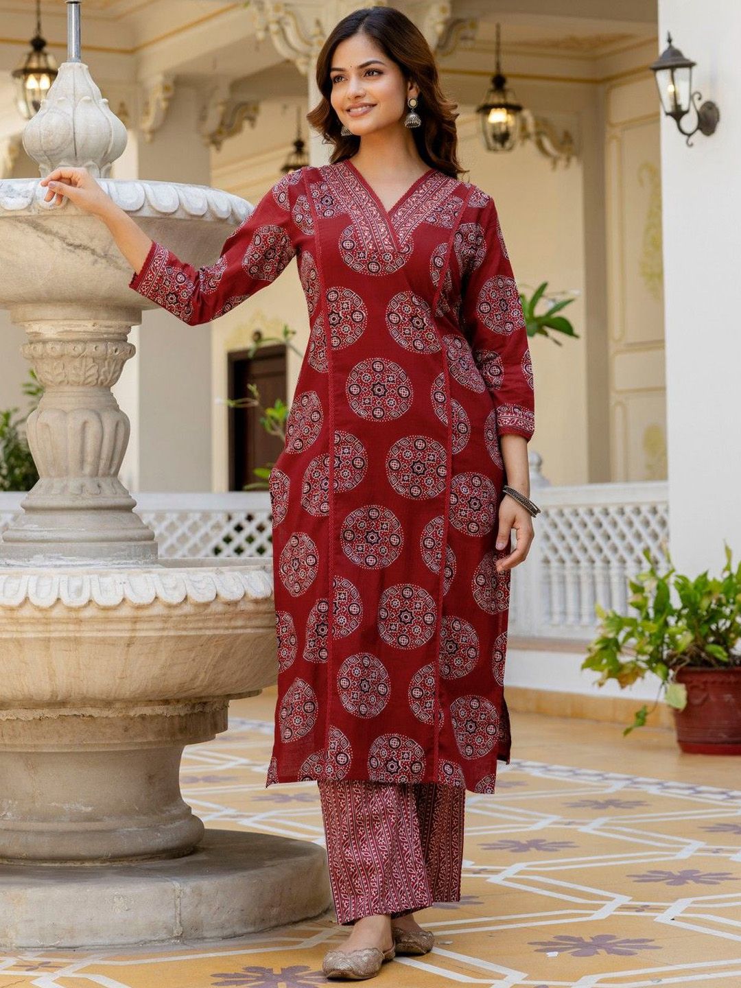 Buy Anouk Women Printed Regular Mirror Work Pure Cotton Kurta With Palazzos & With Dupatta ...