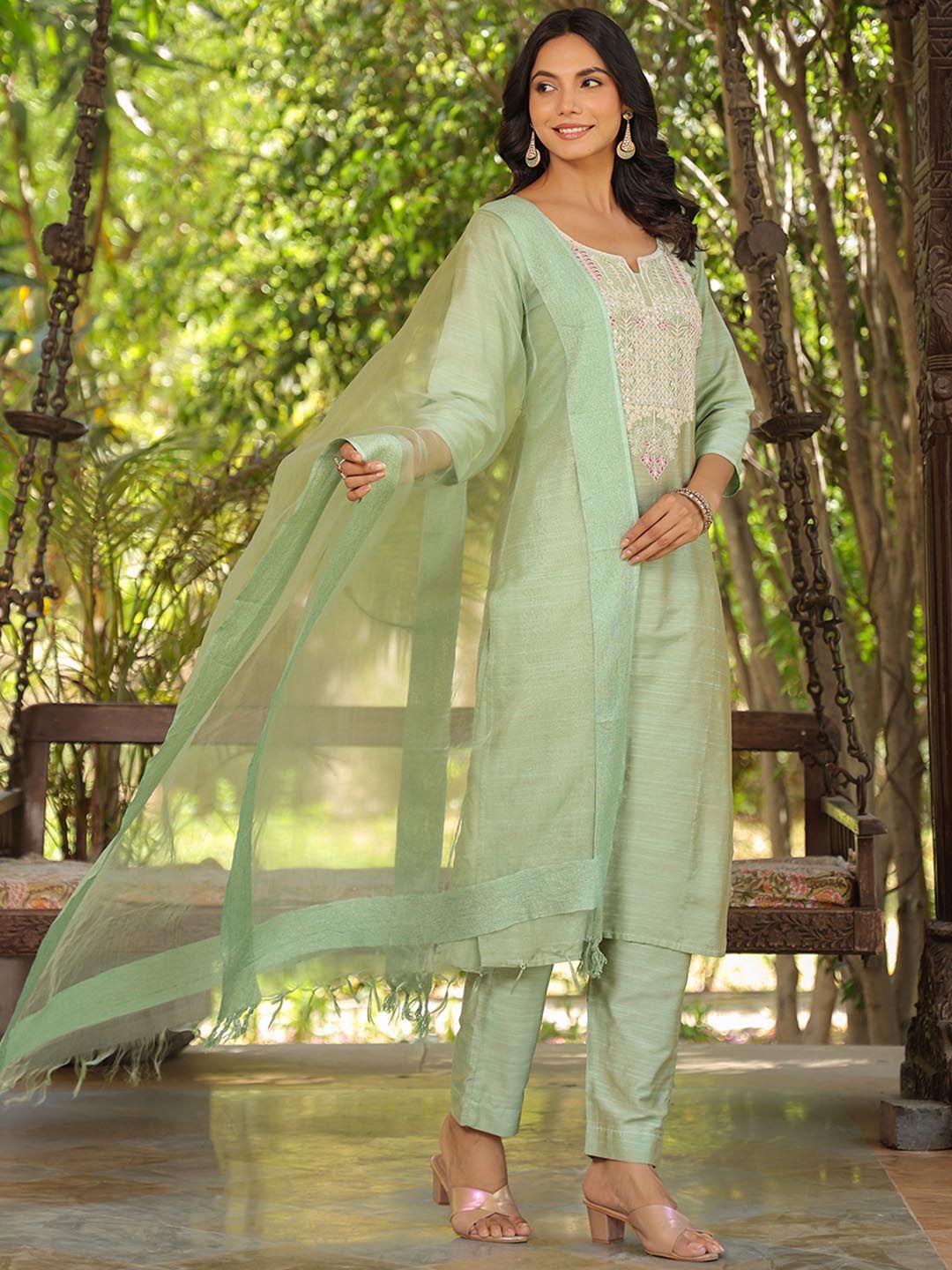 Buy HouseOfCommon Floral Yoke Design Sequnnied Straight Kurta With ...