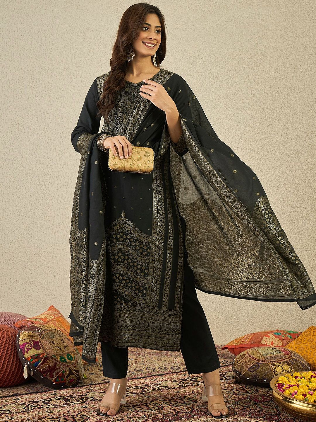 Buy Inddus Women Cotton Jacquard Hand Embroidered Kurta Set With ...