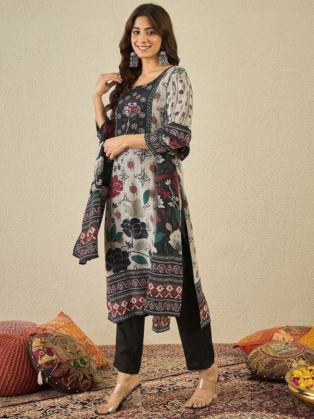 Buy Inddus Women Floral Printed Hand Embroidered Kurta Set With Dupatta ...