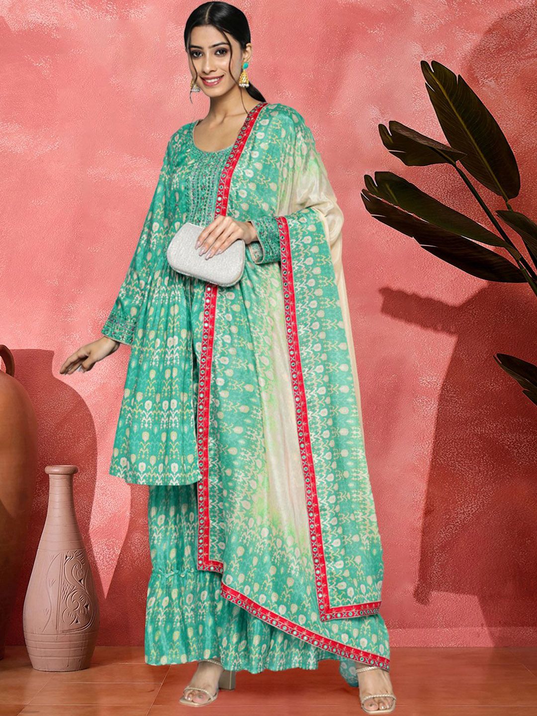 Buy Sangria Ethnic Motifs Printed Mirror Work Pure Muslin A Line Kurta With Sharara & Dupatta ...