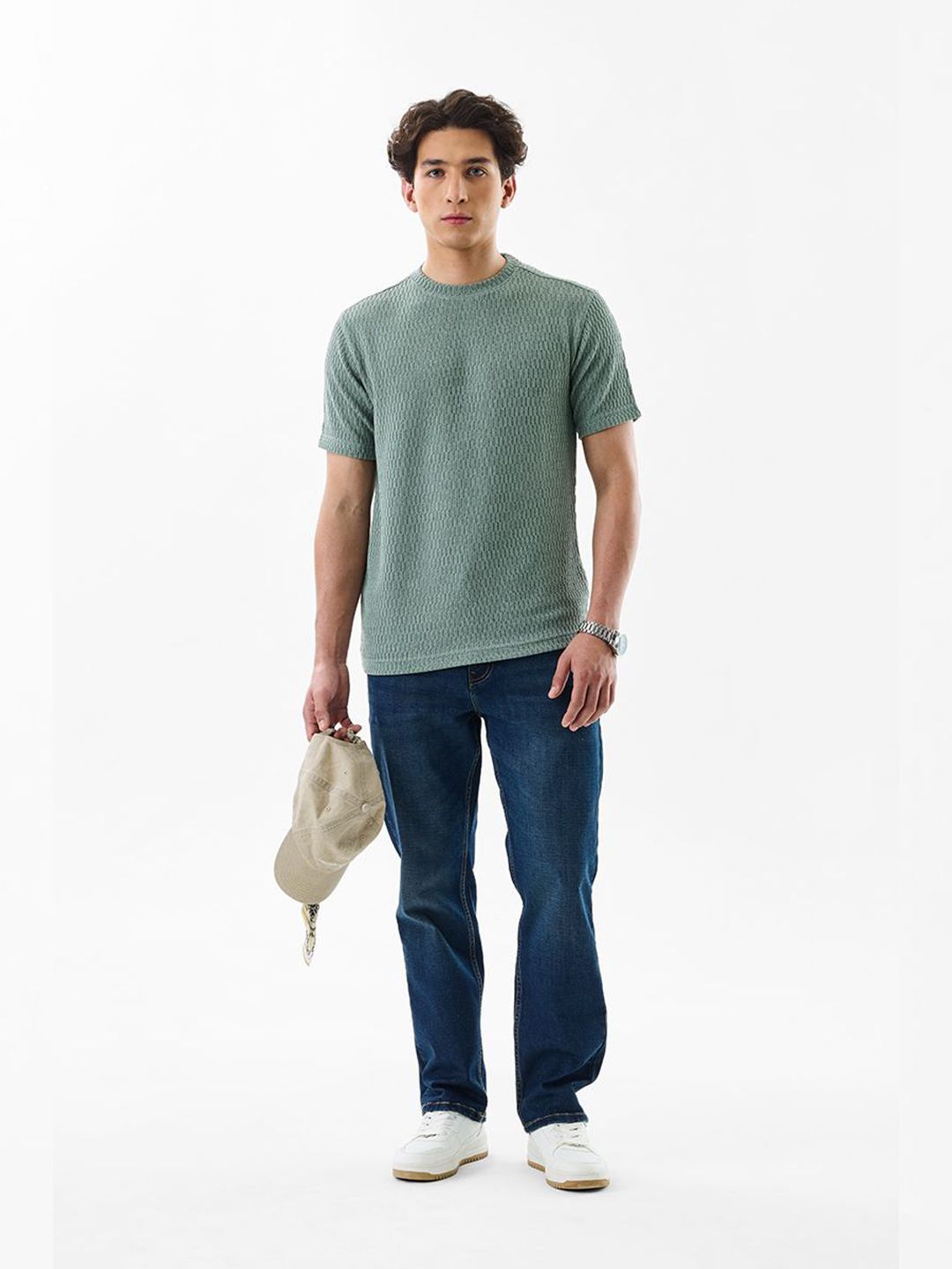 Buy Snitch Men Sage Green Textured Slim Fit T Shirt - Tshirts for Men ...