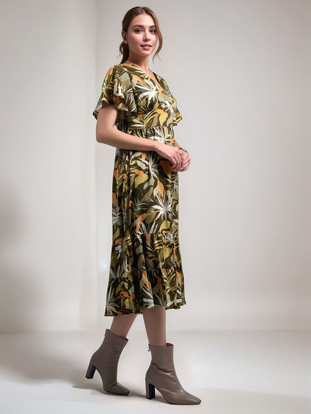 Buy DressBerry Women Floral Print Flared Sleeve Layered Crepe Fit ...