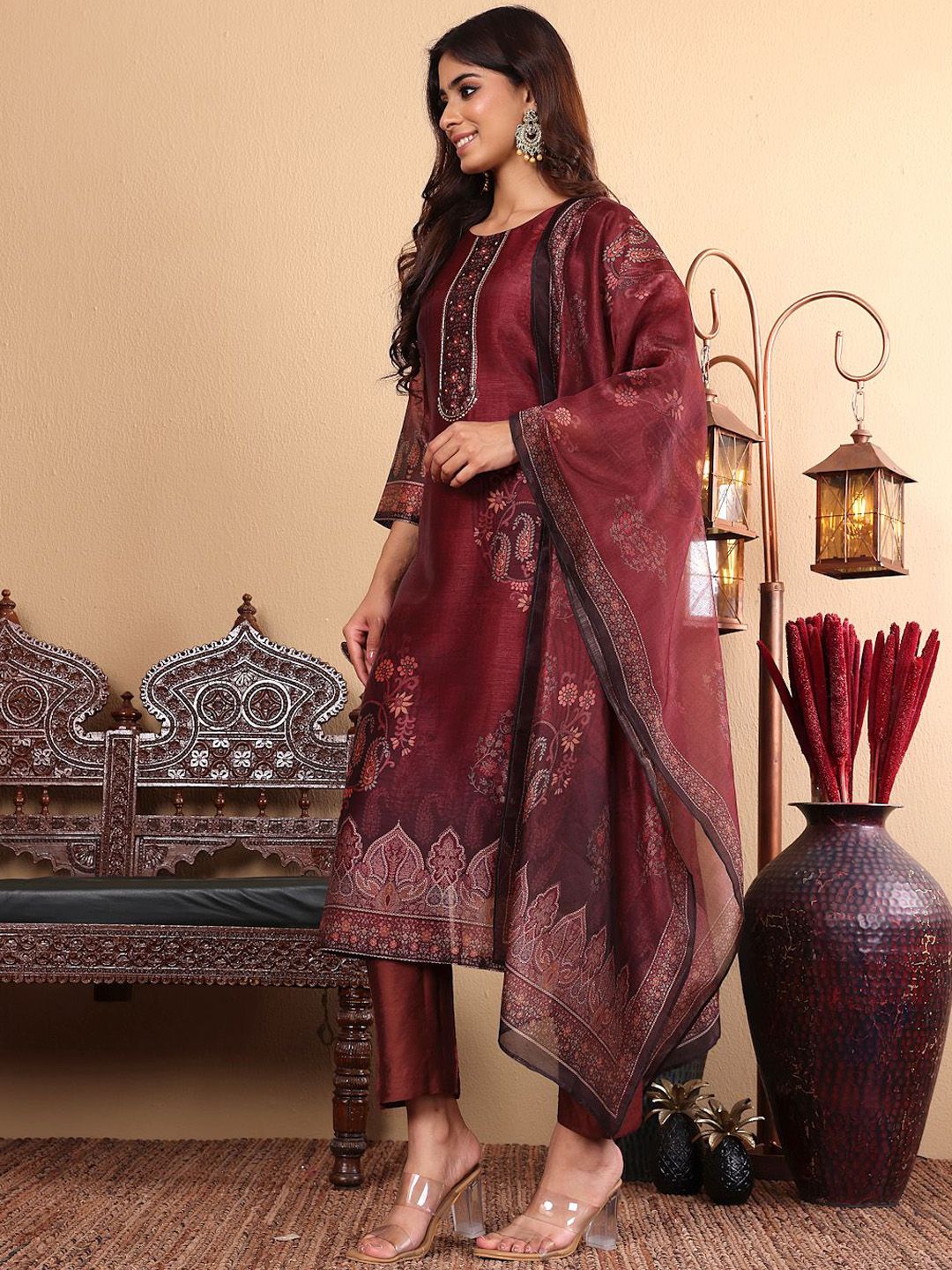 Buy Varanga Floral Printed Sequinned Chanderi Silk Kurta With Trousers ...