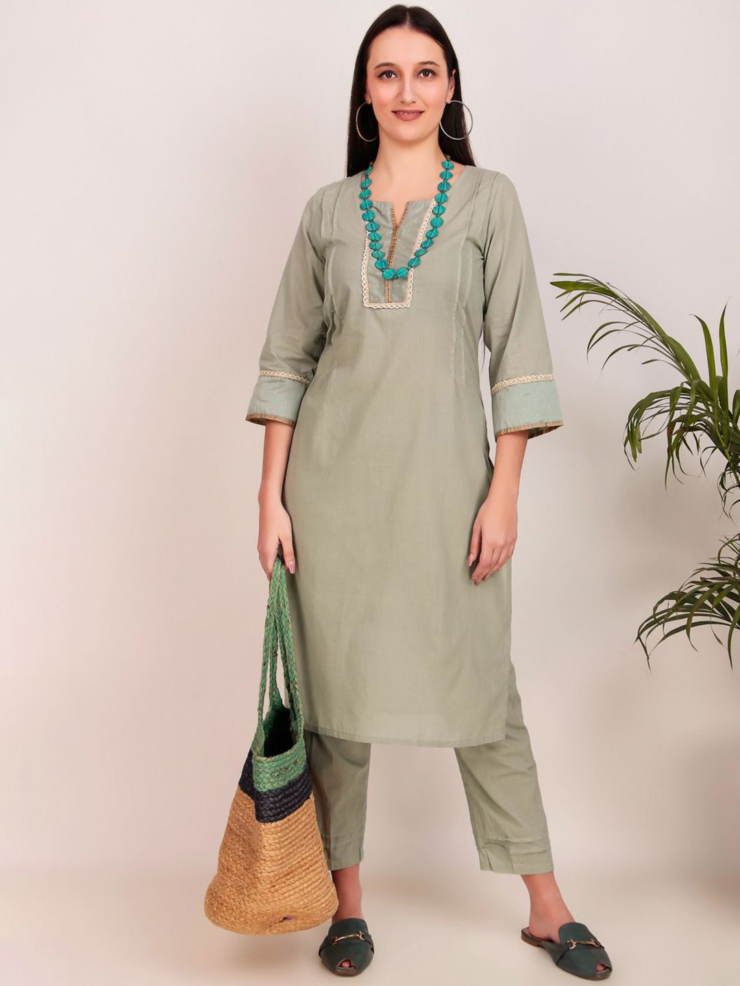 Buy Zuri Pure Cotton Kurta Notch Neck Straight Kurta With Trousers ...