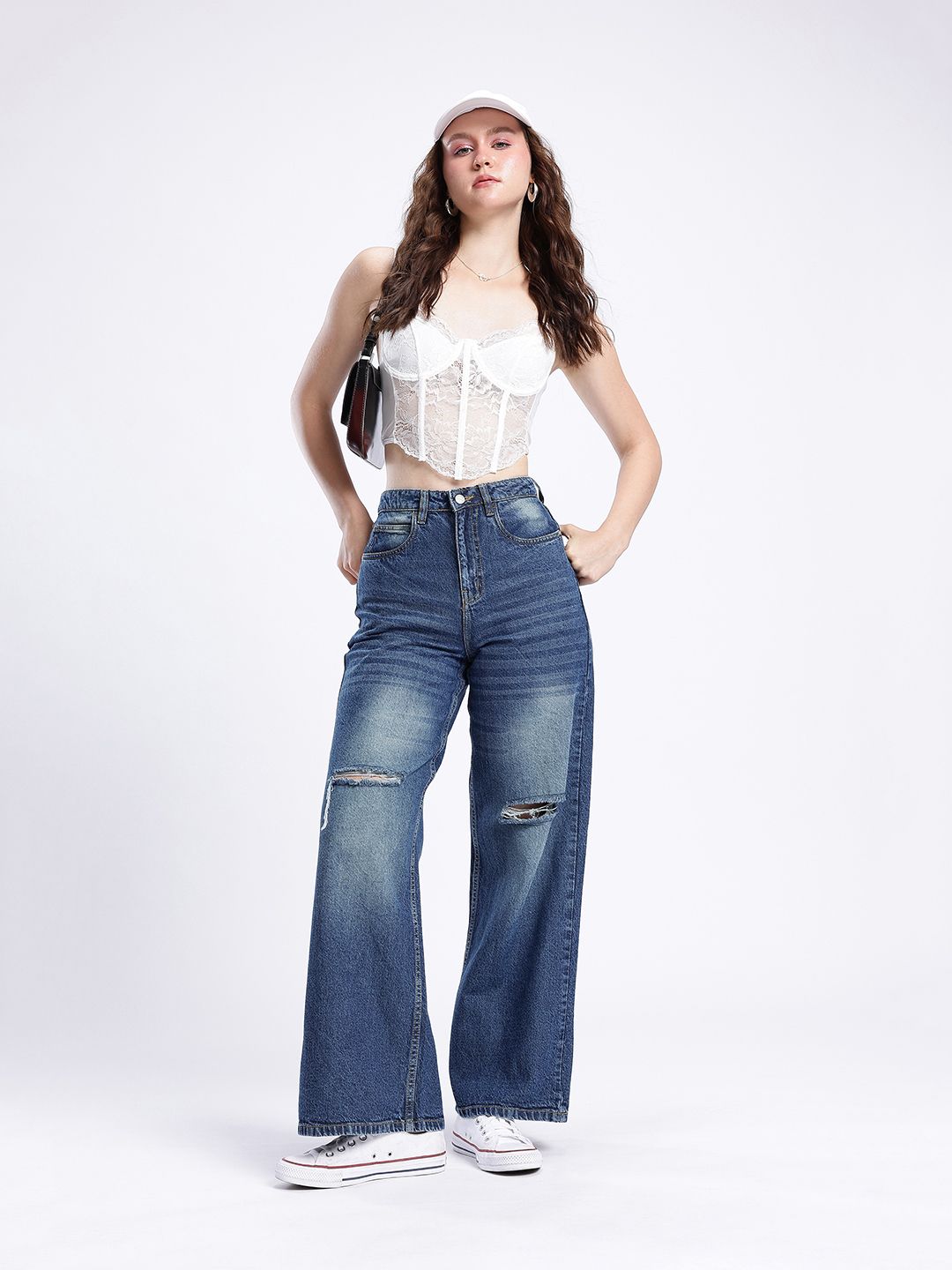 Buy Glitchez Women Wide Leg Slash Knee Heavy Fade Jeans - Jeans for ...