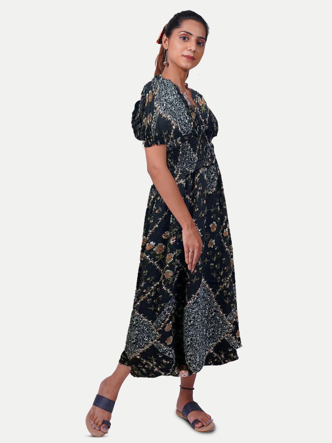 Buy Radprix Floral Print Flutter Sleeve Fit & Flare Midi Dress ...
