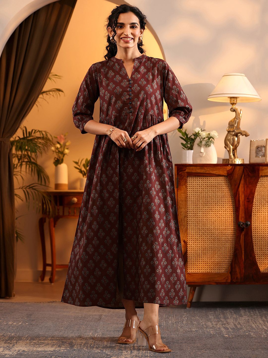 Buy Libas Women Ethnic Motifs Print Puff Sleeve A Line Maxi Dress ...