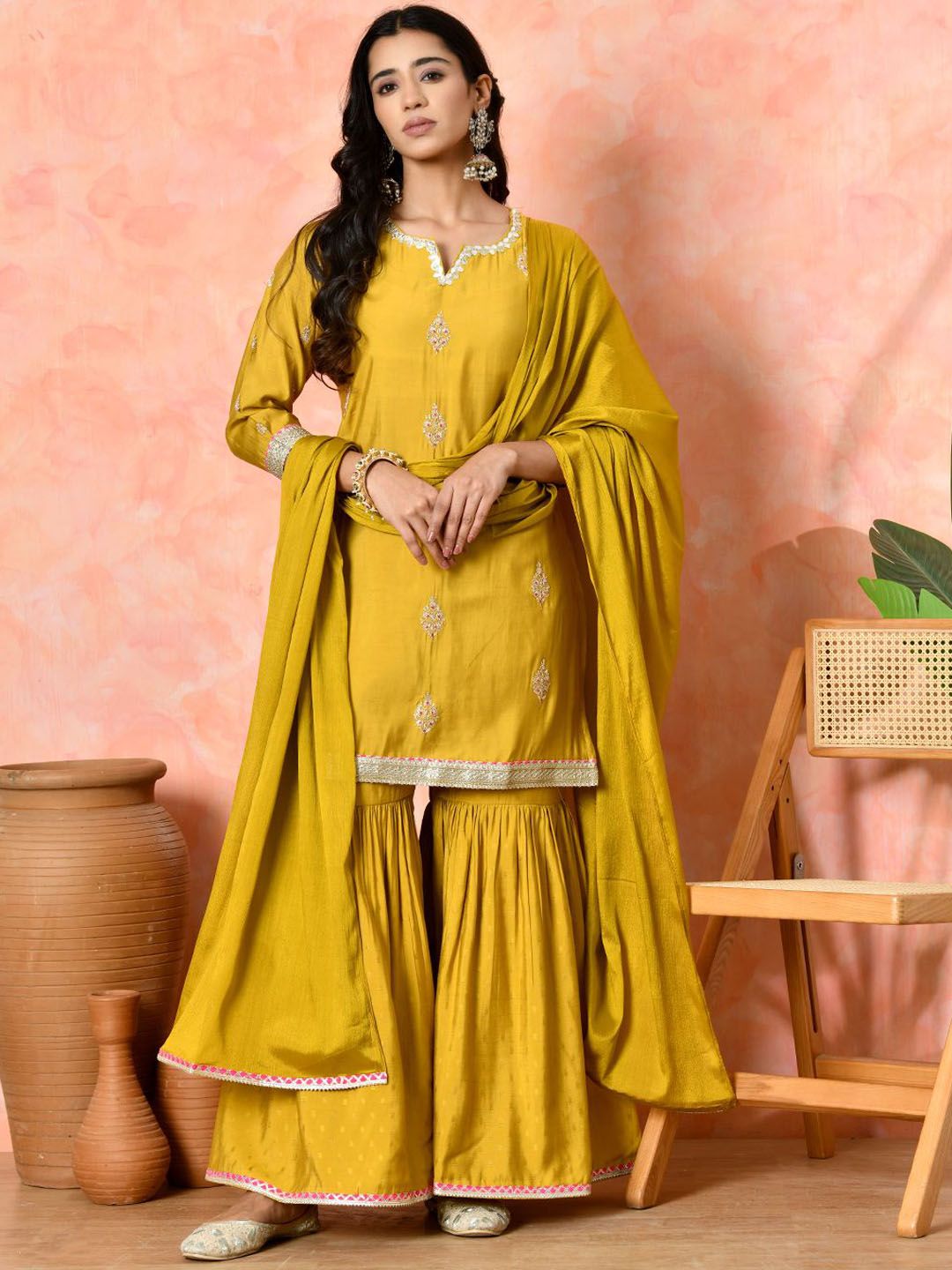 Buy Sangria Women Ethnic Motifs Embroidered Kurta With Sharara & Dupatta - Kurta Sets for Women ...