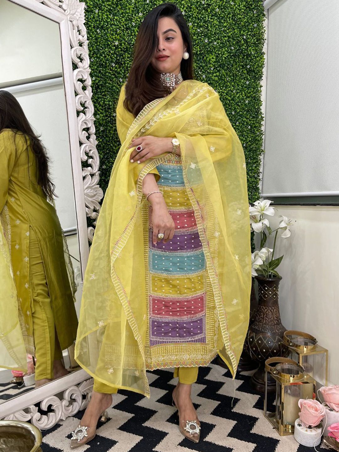 Buy GoSriKi Women Colourblocked Embroidered Kurta With Trousers & Dupatta - Kurta Sets for Women ...